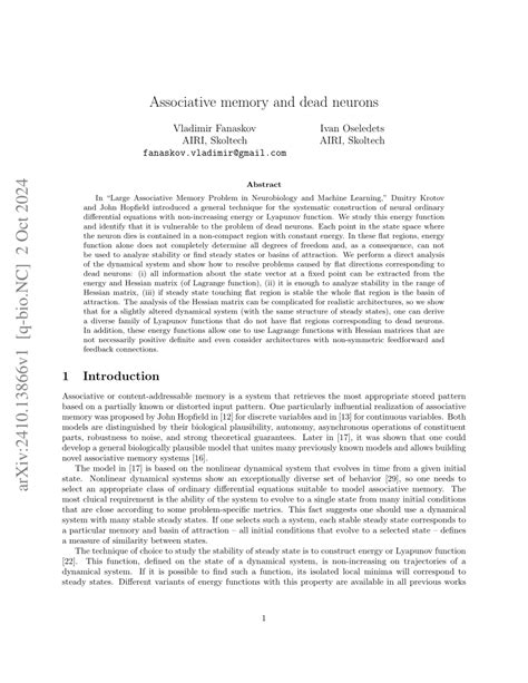 Pdf Associative Memory And Dead Neurons