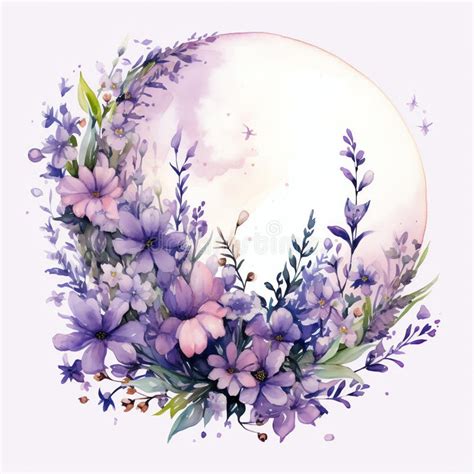 Fantasy Magical Whimsical Moon With Flowers Illustration Stock