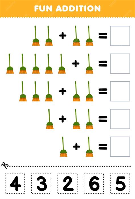 귀여운 만화 빗자루 인쇄용 도구 워크시트에 대한 정확한 숫자를 자르고 일치시켜 어린이를 위한 재미있는 교육 게임 추가 프리미엄 벡터