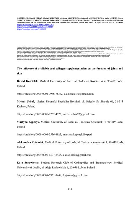 Pdf Influence Of Available Oral Collagen Supplementation On The Function Of Joints And Skin
