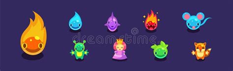 Flat Assets For Mobile Game With Funny Creatures Vector Set Stock