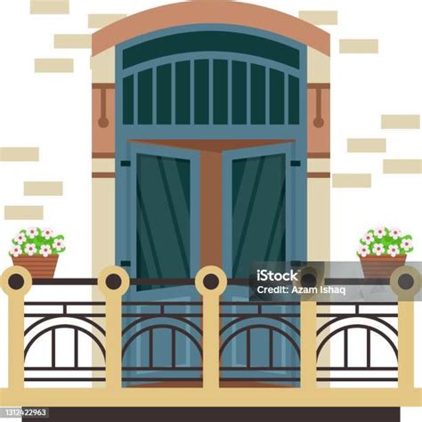 현대 해석 및 장식 컨셉 벡터 컬러 아이콘 디자인 발코니 및 창 전면 보기 기호 빈티지 및 클래식 발코니 재고가있는 하우스 외부 디자인 아이디어의 프렌치 발코니 가정의 방에