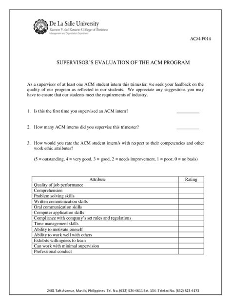 fillable online supervisor s evaluation of the acm program fax email