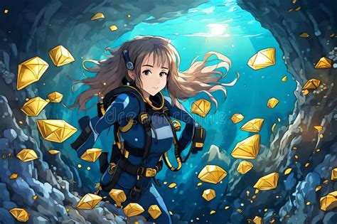 Young Anime Girl Diving Exploring Treasure Filled Cave Stock