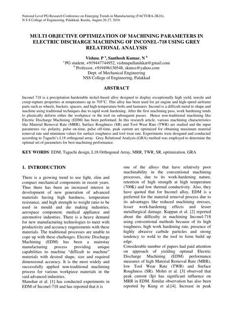 PDF Multi Objective Optimization Of Machining Parameters In Electric Discharge Machining Of
