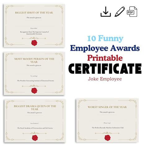 10 Funny Awards Certificates Printable Joke Employee Awards Set