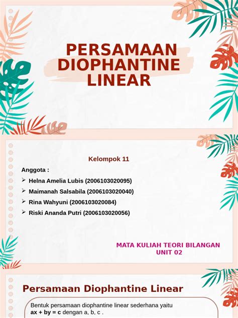 Kelompok 11 Persamaan Diophantine Linear Teori Bilangan 02 Pdf