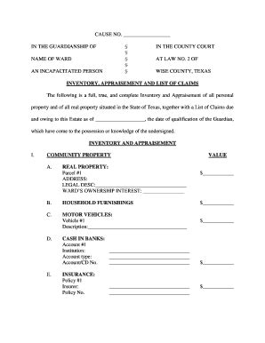 Tx Inventory Appraisement And List Of Claims Blank Fillable Template