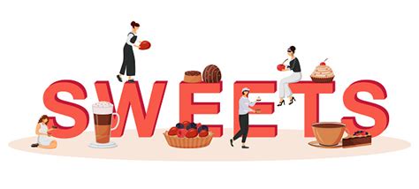 과자 단어 개념 플랫 컬러 벡터 배너 맛있는 레스토랑 페이스트리 과일이 있는 디저트 작은 만화 캐릭터와 고립 된 타이포그래피 흰색에 제과점 창조적 인 그림 가공의 인물에