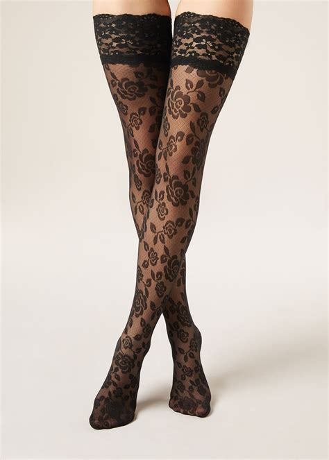 Sheer Floral Thigh High Stockings Calzedonia