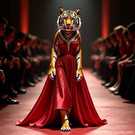 A Tiger On The Fashion Cat Walk Shows An Elegant Black And White Dress