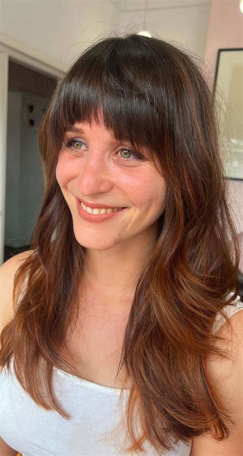 50 Shag Haircuts With Bangs Rich Coppery Chocolate Shag Layers