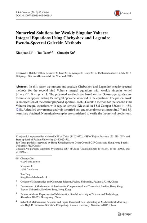 Pdf Numerical Solutions For Weakly Singular Volterra Integral Equations Using Chebyshev And