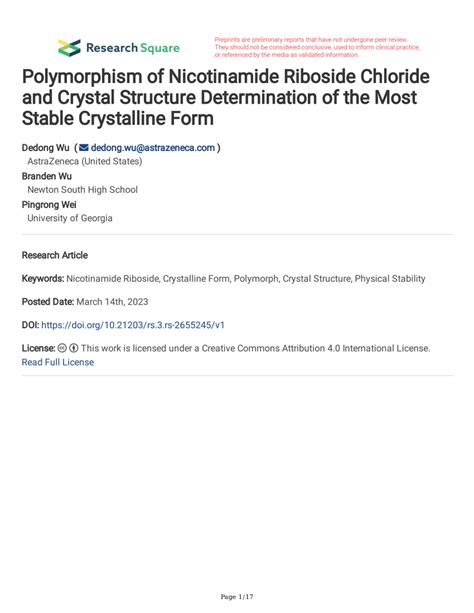 Pdf Polymorphism Of Nicotinamide Riboside Chloride And Crystal