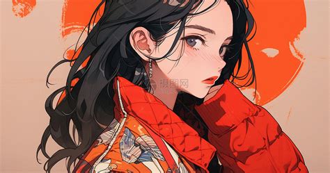 穿着红色厚外套的黑色长发卡通女孩插画图片下载 正版图片402538064 摄图网