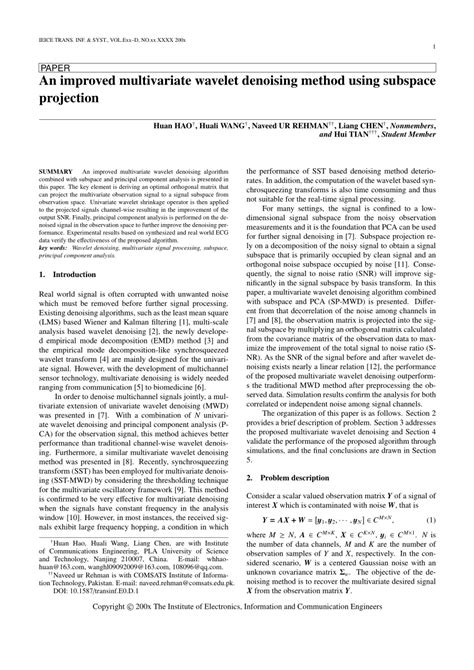 Pdf An Improved Multivariate Wavelet Denoising Method Using Subspace