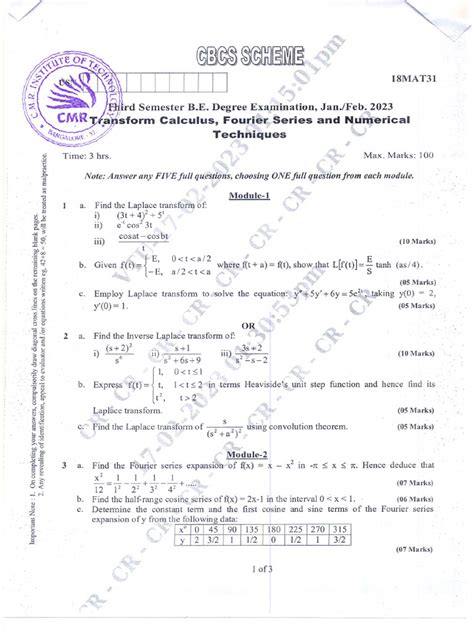 Vtu Question Paper Of 18mat31 Transform Calculus Fourier Series And Numerical Techniques Jan