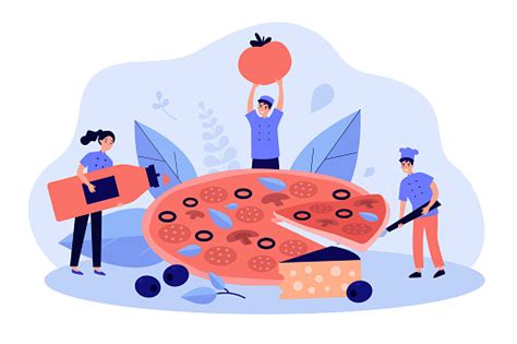 작은 레스토랑 요리사와 거대한 맛있는 피자를 요리 하는 팀 피자에 대한 스톡 벡터 아트 및 기타 이미지 피자 가공의 인물 남성 Istock