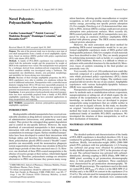 Pdf Novel Polyester Polysaccharide Nanoparticle