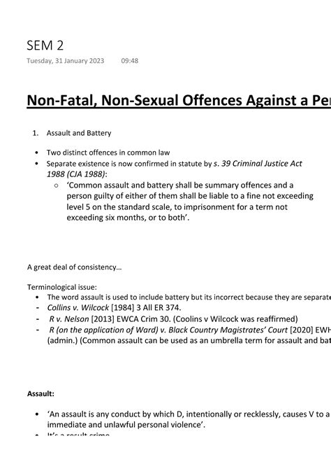 Sem 2 Lecture Notes On Non Fatal Non Sexual Offences Non Fatal