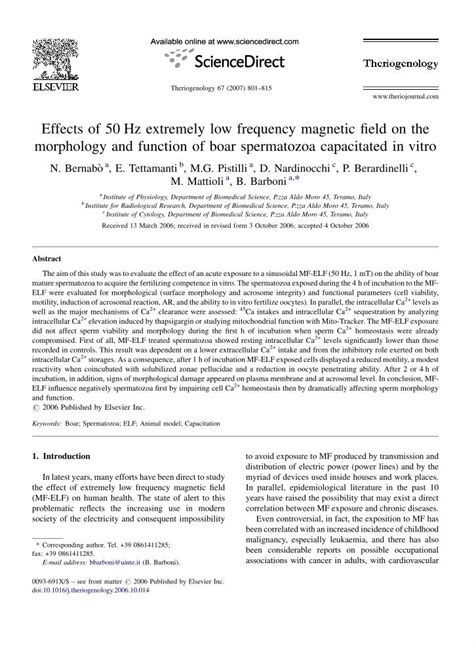 Pdf Effects Of 50 Hz Extremely Low Frequency Magnetic Field On The Morphology And Function Of