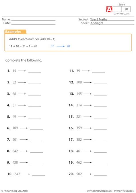 Numeracy Adding 9 Worksheet Uk