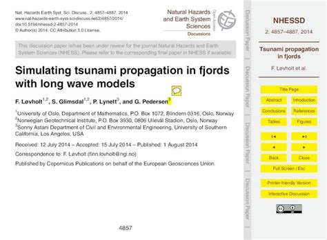 Pdf Tsunami Propagation In Fjords Nhess · Tsunami Propagation In