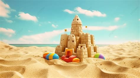 밝은 하늘 3d 렌더링 모래성 해변과 장난감 모래성 바다 모래 바다 해변 배경 일러스트 및 사진 무료 다운로드 Pngtree