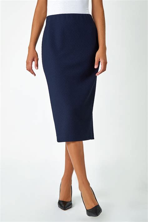 Navy Textured Pencil Midi Stretch Skirt Roman Uk
