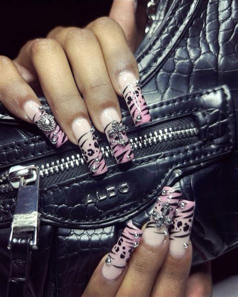 Pink 2000s Zebra And Leopard Print Nails Pink Zebra Nails Zebra
