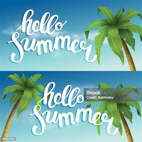 안녕하세요 여름 여름 시간입니다 야자수와 구름과 해변의 배경에 대 한 포스터입니다 손으로 그린 초대장 및 인사말 카드에 대 한 레터링 디자인 벡터 일러스트입니다 계절에 대한
