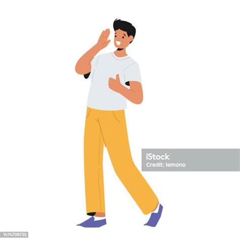 캐주얼 옷을 입은 청년은 손으로 몸짓을 하고 인사를 하거나 누군가를 환영합니다 행복한 남성 캐릭터 인사하기에 대한 스톡 벡터 아트 및 기타 이미지 Istock