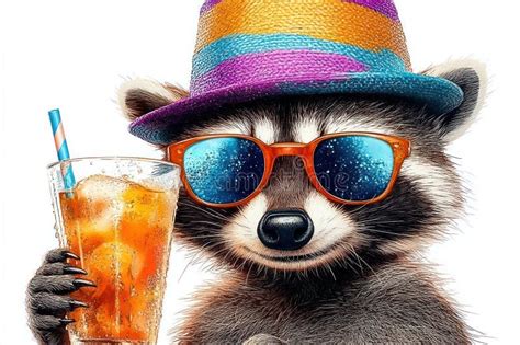 Party Ready Raccoon Colorful Hat Stylish Shades And A Delicious