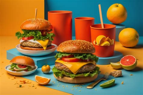 Fundo De Fast Food Hambúrguer Suco De Laranja Sorvete Laranja Pomelo