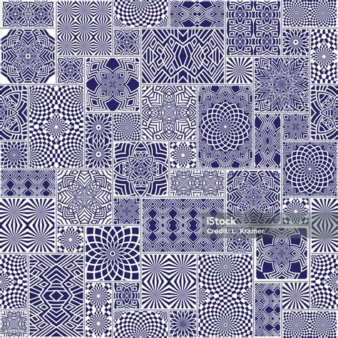 파란색과 흰색 동양 장신구 원형과 사각형 장미 양식된 인디 고 꽃 잎에서 벡터 원활한 패치워크 패턴입니다 기하학적 섬유 인쇄