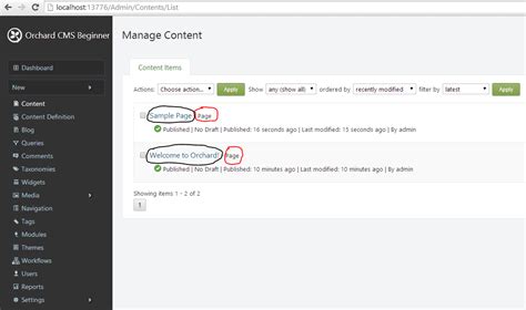 Content Items In Orchard Orchard Project Orchard Cms Learn Orchard