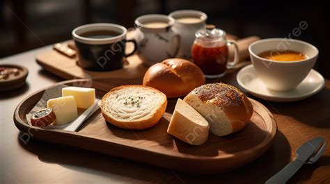 쟁반에 놓인 여러 조각의 빵과 탁자 위의 커피 사진 세련된 빵 한 접시로 아침 식사 고화질 사진 사진 음식 배경 일러스트