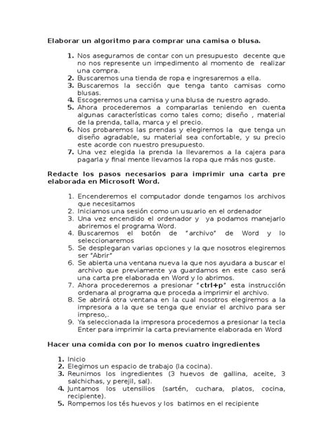 Elaborar Un Algoritmo Para Comprar Una Camisa O Blusa Pdf Microsoft Word Archivo De