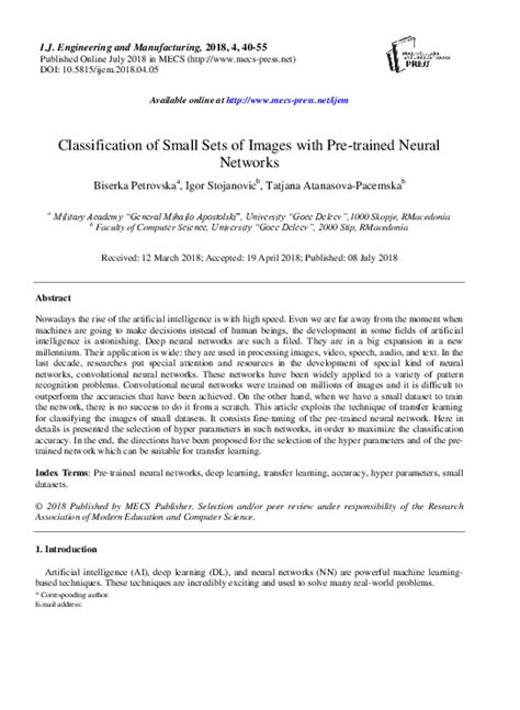 Pdf Classification Of Small Sets Of Images With Pre Trained Neural Networks