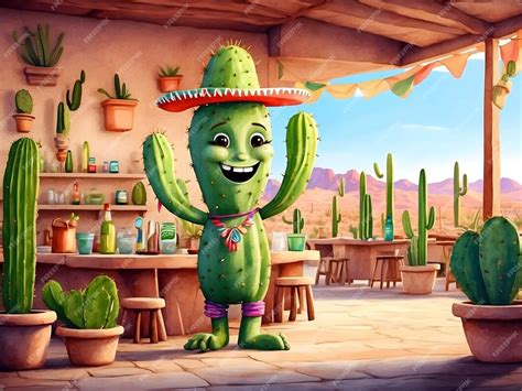Vibrant Cartoon Cactus Cantina Scene Perfect For Cinco De Mayo With