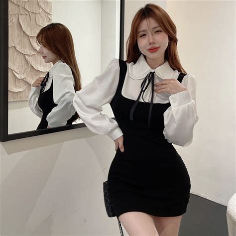 교복 프레피룩 U넥 슬림핏 카라 Y2k 놀이공원룩 미니원피스 에이블리