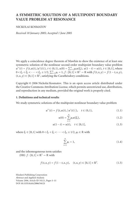 Pdf A Symmetric Solution Of A Multipoint Boundary Value Problem At Resonance