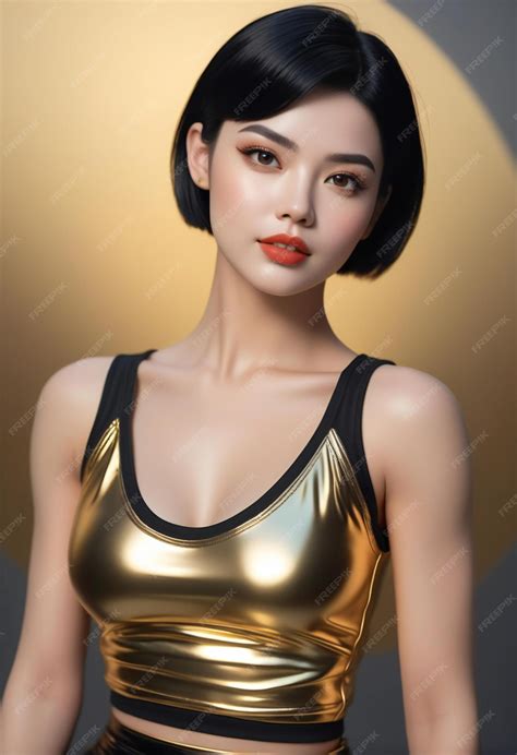 Premium Photo Beautiful Asian Woman With Golden Tank Top Isolated On Grey