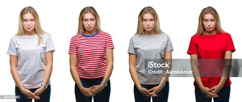 콜라주의 흰색 절연된 Backgroud 이상의 T셔츠를 입고 젊은 아름 다운 금발의 여 자가 우울 하 고 울고 분노 하 고 무서 워 하는 고통에 대 한 걱정 슬픈 식입니다