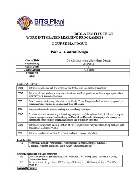 Birla Institute Of Course Handout Part A Content Design Work