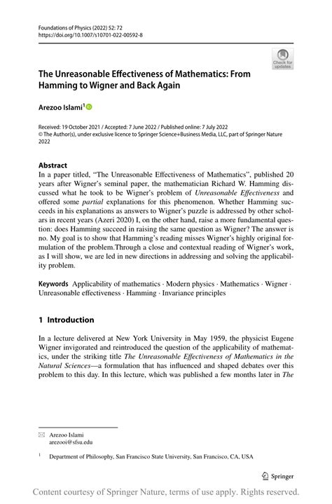 The Unreasonable Effectiveness Of Mathematics From Hamming To Wigner And Back Again Request Pdf