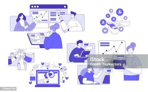 소셜 마케팅 와 사람들 관리 비즈니스 프로세스 벡터 일러스트 레이 션 세트 하이 파이브에 대한 스톡 벡터 아트 및 기타 이미지 하이 파이브 비즈니스 사람들 Istock