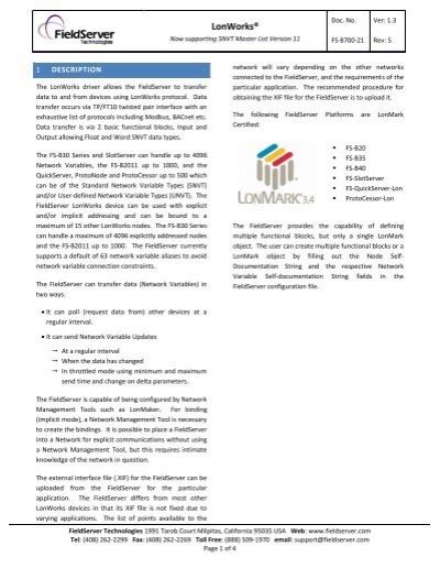 Lonworks® Fs 8700 21 Fieldserver Technologies