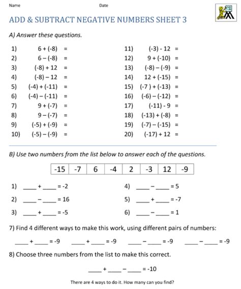 Add Subtract Negatives Homework — Gateways School