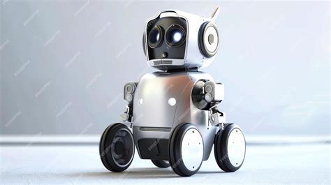 Cute Humanoid Robot With Large Eyes And Wheels On A White Background